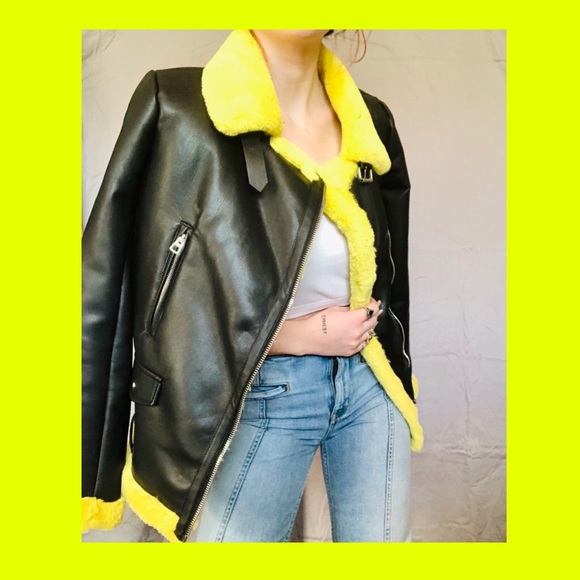 Jackets & Coats | Neon Yellow Faux Fur Lined Biker Jacket | Poshmark